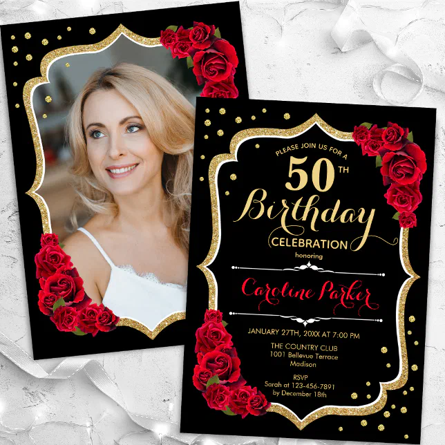 Black Gold Red Roses Photo 50th Birthday Invitation Zazzle
