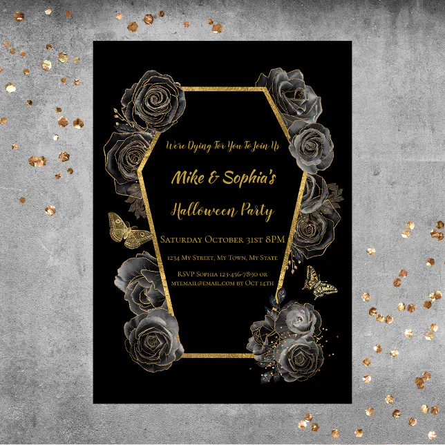 Black & Gold Roses Coffin Adult Halloween Party Invitation | Zazzle