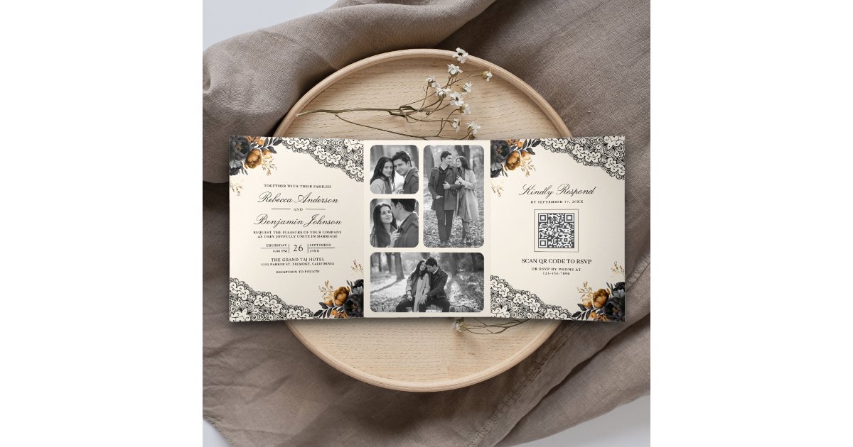 Black Gold Roses Lace Cream Gothic QR Code Wedding Tri-Fold Invitation ...