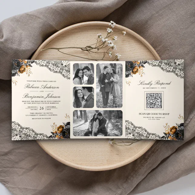 Black Gold Roses Lace Cream Gothic QR Code Wedding Tri-Fold Invitation ...