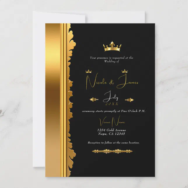 Black & Gold Royal Crown Elegant Glam Wedding Invitation | Zazzle