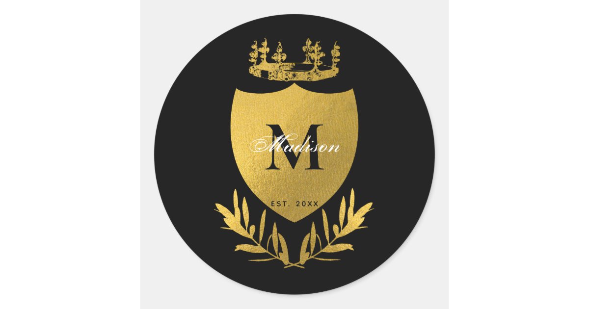 Black & Gold Royal Emblem Shield Monogram Classic Round Sticker | Zazzle