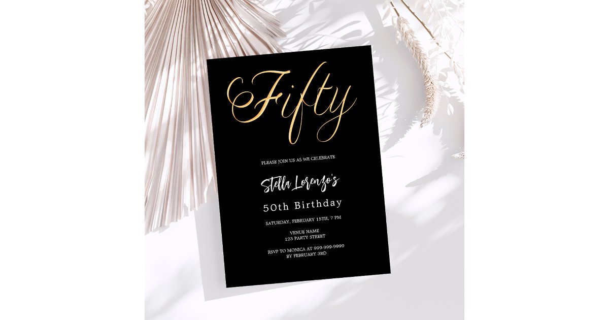 Black gold script 50th birthday invitation | Zazzle