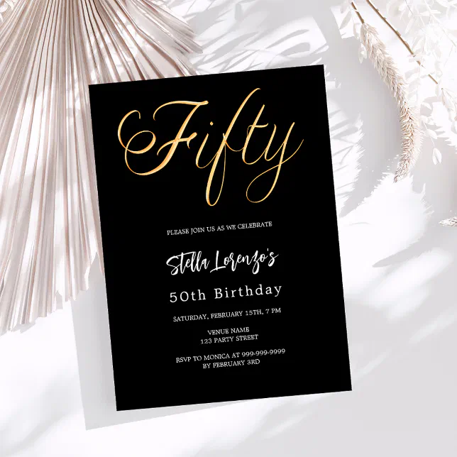 Black gold script 50th birthday invitation | Zazzle