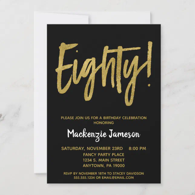 Black Gold Script 80th Birthday Party Invitation | Zazzle