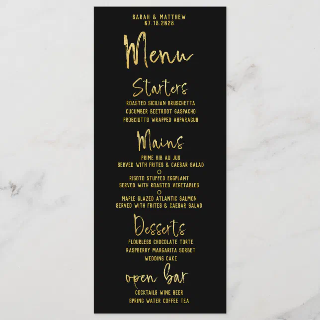 Black & Gold Script Calligraphy Classic Wedding Menu | Zazzle