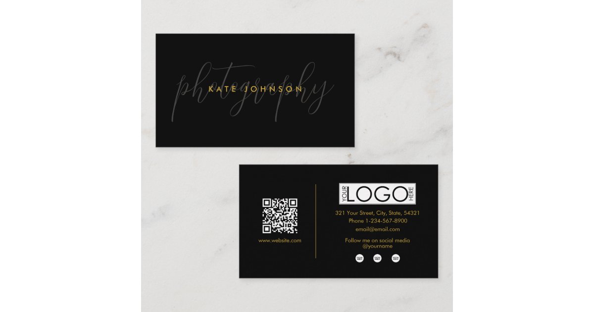 Black Gold Script Calligraphy Signature QR Code Business Card | Zazzle