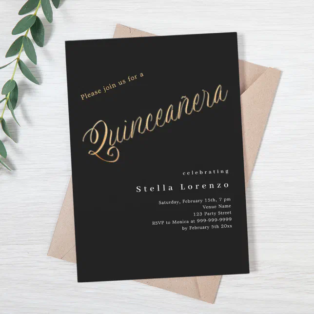 Black gold script elegant Quinceanera Invitation | Zazzle
