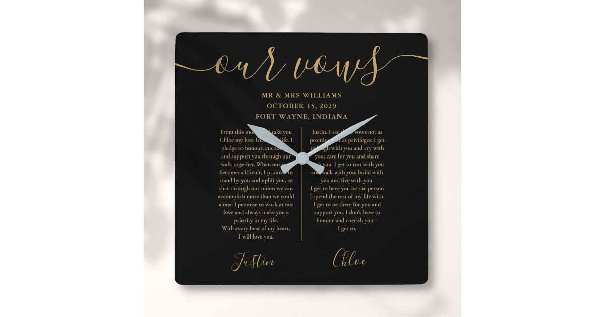 Black Gold Script His And Hers Wedding Vows Square Wall Clock | Zazzle