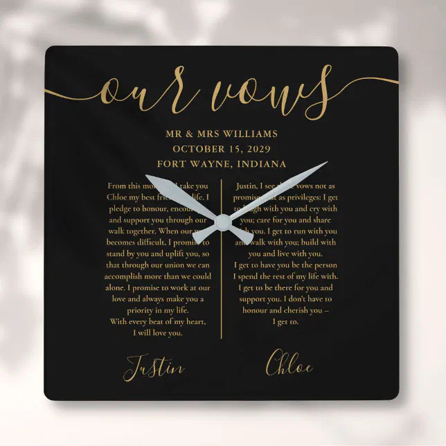 Black Gold Script His And Hers Wedding Vows Square Wall Clock | Zazzle