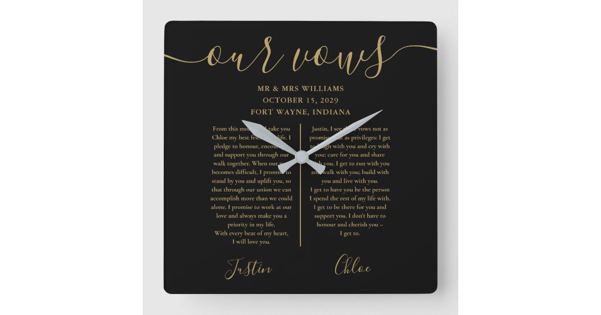 Black Gold Script His And Hers Wedding Vows Square Wall Clock | Zazzle