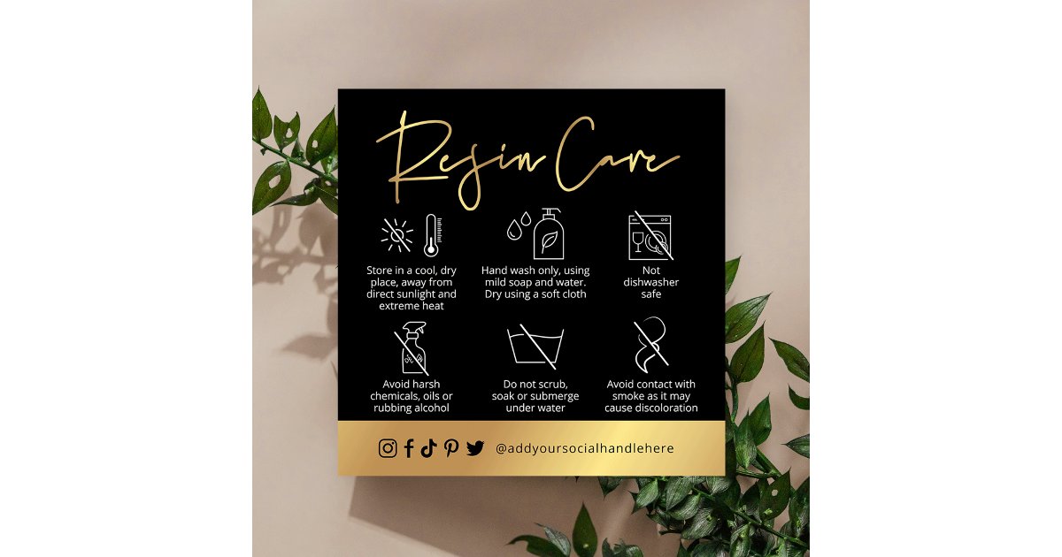 Black & Gold Script Logo Resin Product Care Guide Square Business Card ...