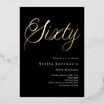 Black gold script luxury 60th birthday foil invitation | Zazzle