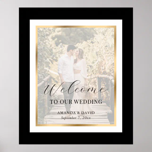 Black Gold Script Photo Wedding Welcome Sign | Zazzle