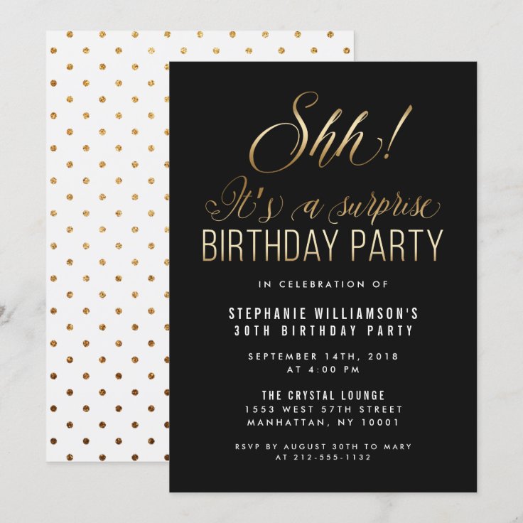Black & Gold Shh! It's A Surprise Birthday Party Invitation | Zazzle