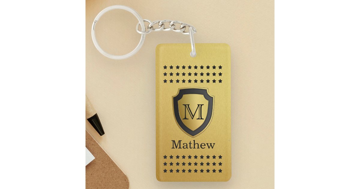 Black Gold Shield Monogram Name Star Pattern Manly Keychain | Zazzle