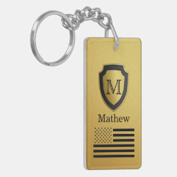Black Gold Shield USA Flag Monogram Name Manly Keychain | Zazzle