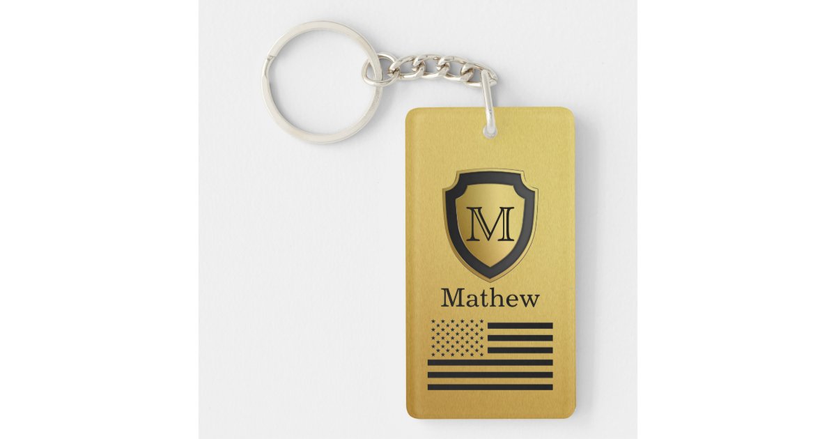 Black Gold Shield USA Flag Monogram Name Manly Keychain | Zazzle