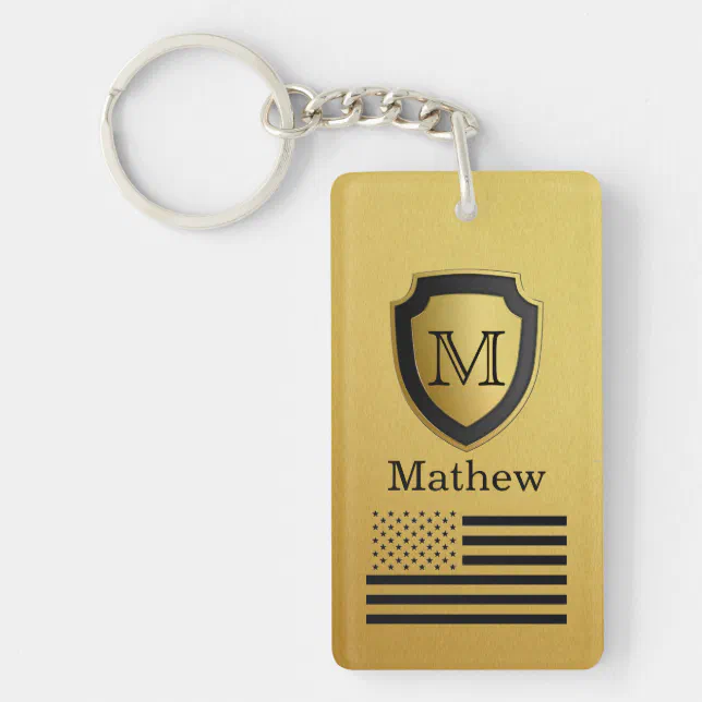 Black Gold Shield USA Flag Monogram Name Manly Keychain | Zazzle