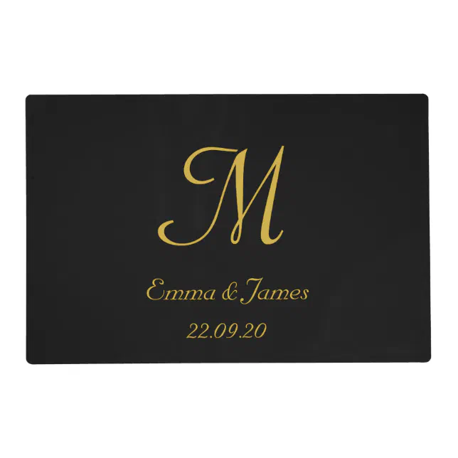 Black & Gold Simple Elegant Monogram Script Custom Placemat | Zazzle