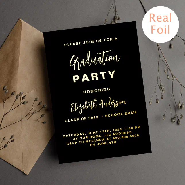 Black gold simple graduation party foil invitation | Zazzle