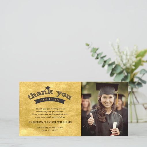 Black Gold Sketch Typography Graduation Cap Photo Thank You Card | Zazzle
