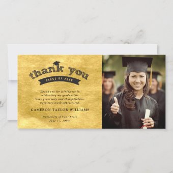 Black Gold Sketch Typography Graduation Cap Photo Thank You Card | Zazzle