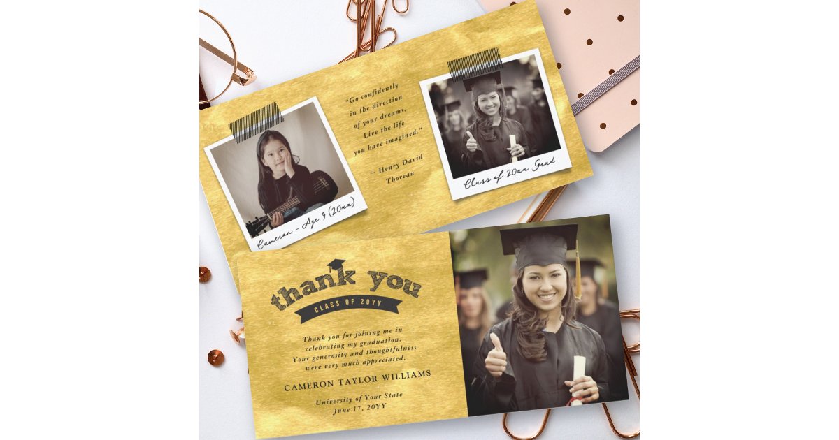 Black Gold Sketch Typography Graduation Cap Photo Thank You Card | Zazzle