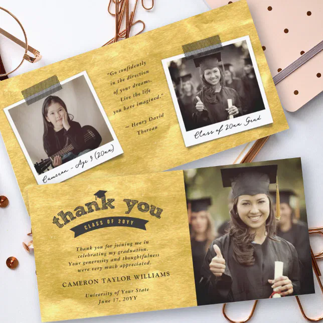 Black Gold Sketch Typography Graduation Cap Photo Thank You Card | Zazzle