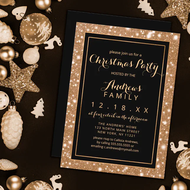 Black Gold Sparkly Glitter Bling Christmas Party Invitation | Zazzle