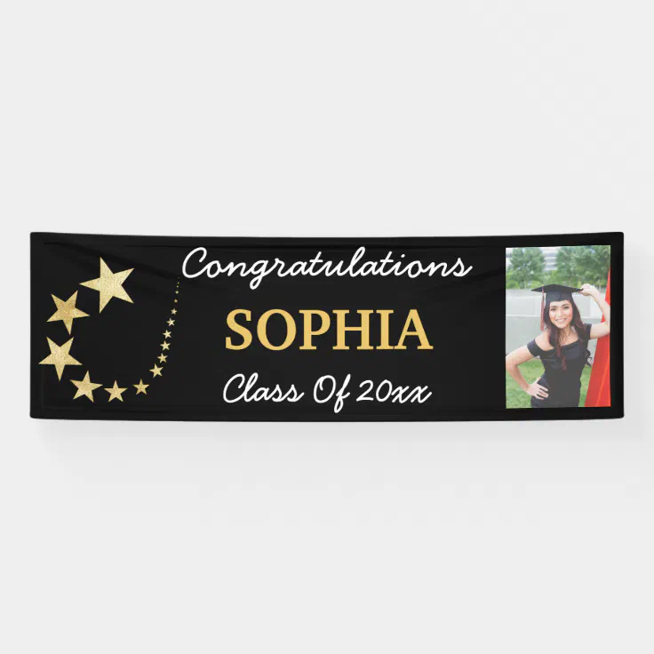 Black Gold Star Photo Graduation Class of 2021 Banner | Zazzle