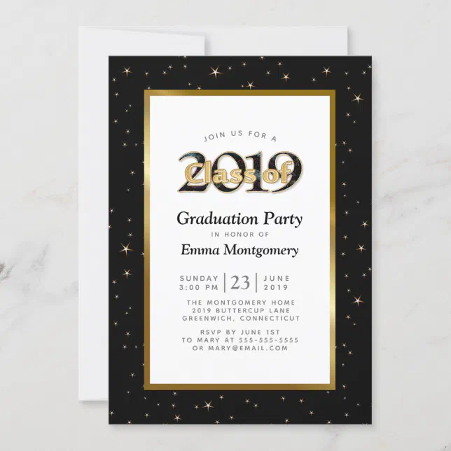 Black Gold Stars Class of 2019 Graduation Party Invitation | Zazzle