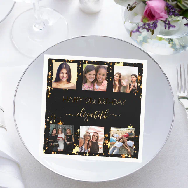 Black gold stars photo collage birthday napkins | Zazzle