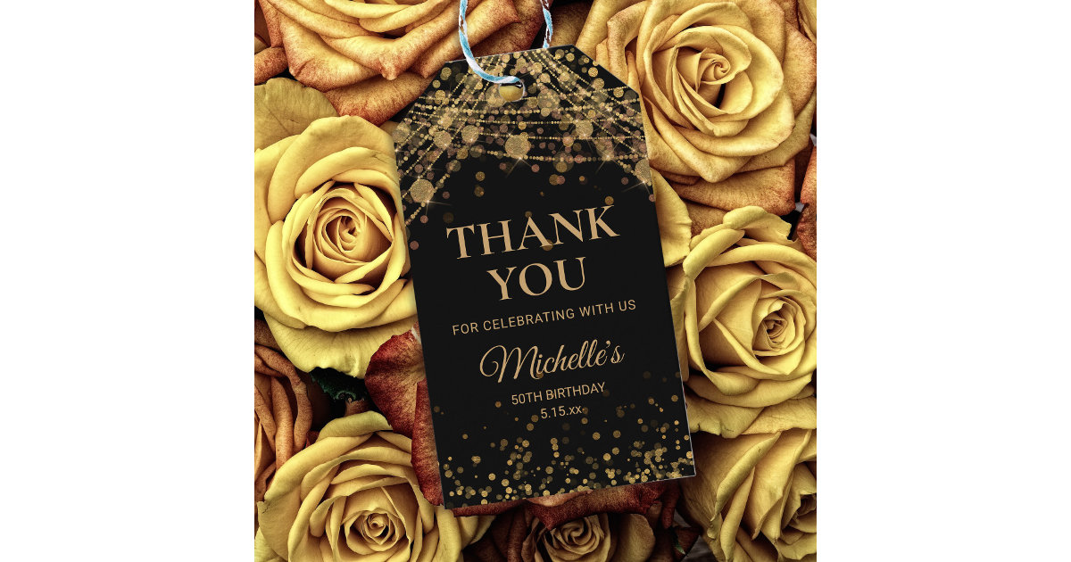 Black Gold String Lights Adult Birthday Thank You Gift Tags | Zazzle