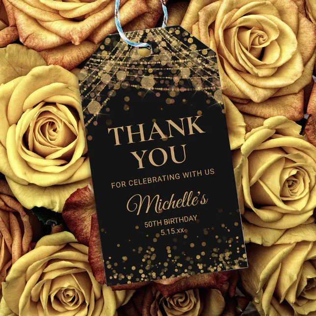 Black Gold String Lights Adult Birthday Thank You Gift Tags | Zazzle