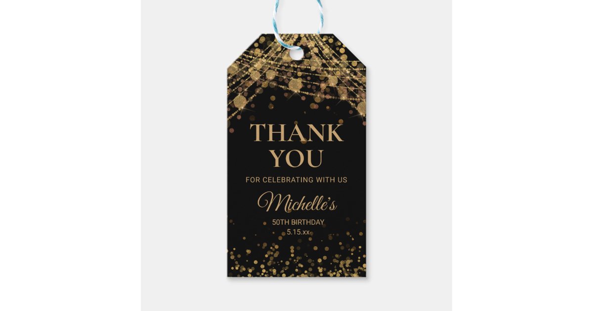 Black Gold String Lights Adult Birthday Thank You Gift Tags | Zazzle