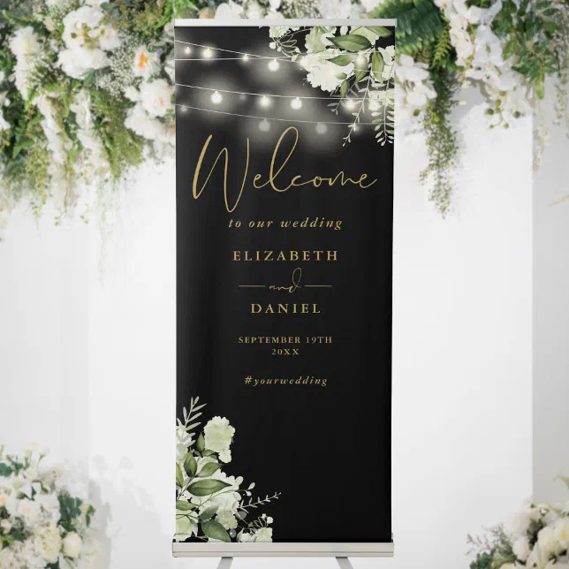 Black Gold String Lights Floral Wedding Welcome Retractable Banner | Zazzle