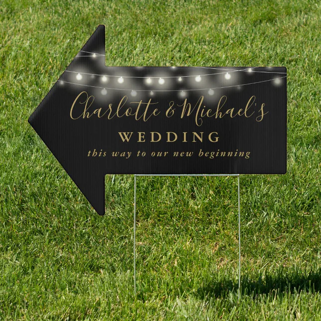 Black Gold String Lights Wedding This Way Arrow Sign | Zazzle