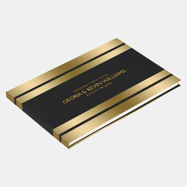 Black & Gold Stripes Border Guest Book | Zazzle