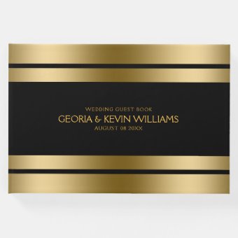 Black & Gold Stripes Border Guest Book | Zazzle