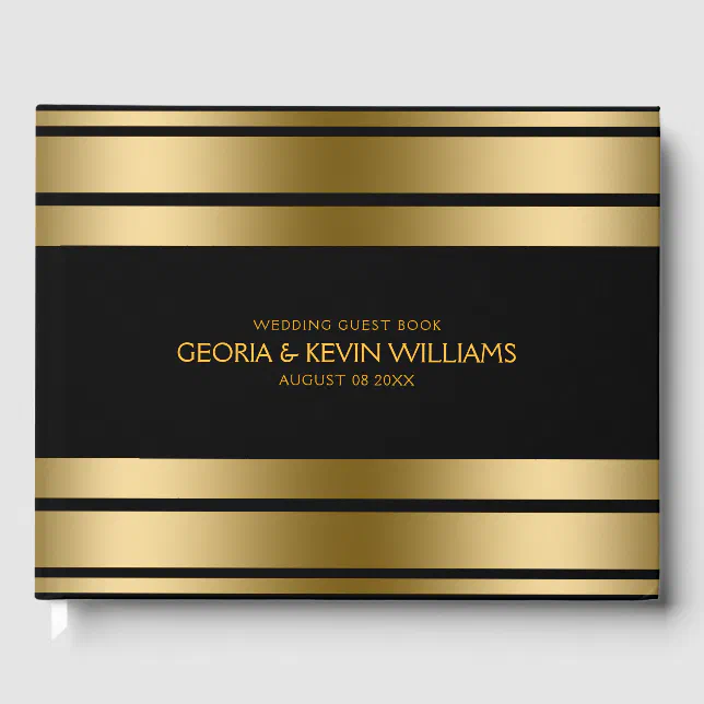 Black & Gold Stripes Border Guest Book | Zazzle