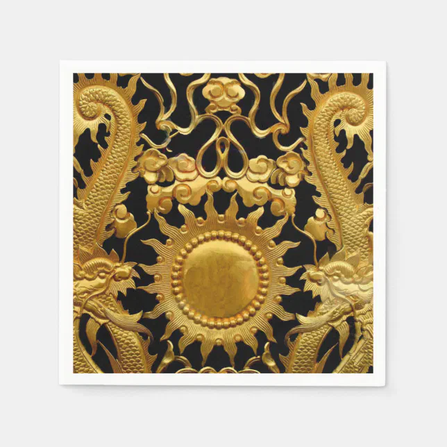 Black Gold Sun Asian Dragons Paper Napkins | Zazzle