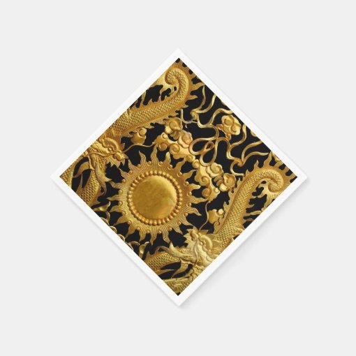 Black Gold Sun Asian Dragons Paper Napkins | Zazzle