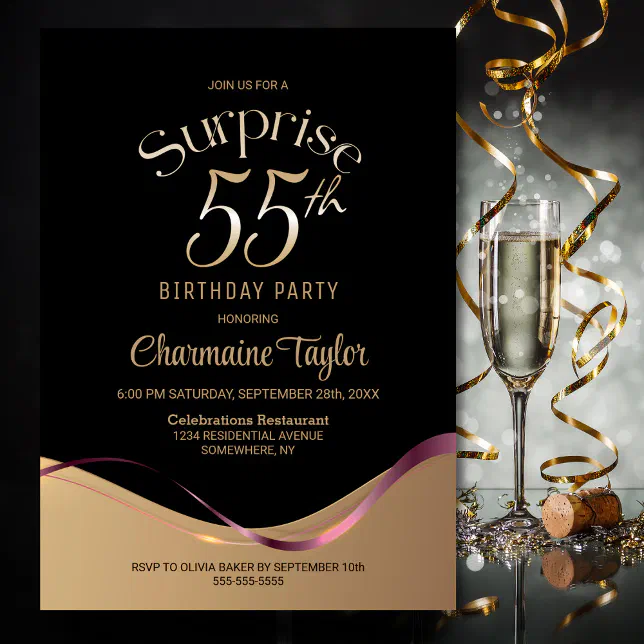 Black Gold Surprise 55th Birthday Party Invitation | Zazzle