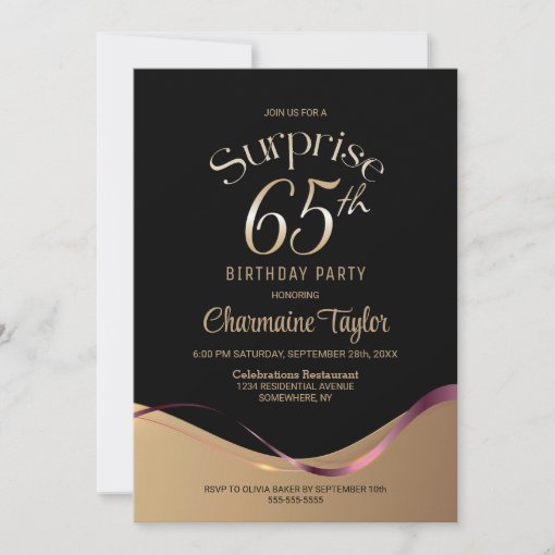 Black Gold Surprise 65th Birthday Party Invitation | Zazzle
