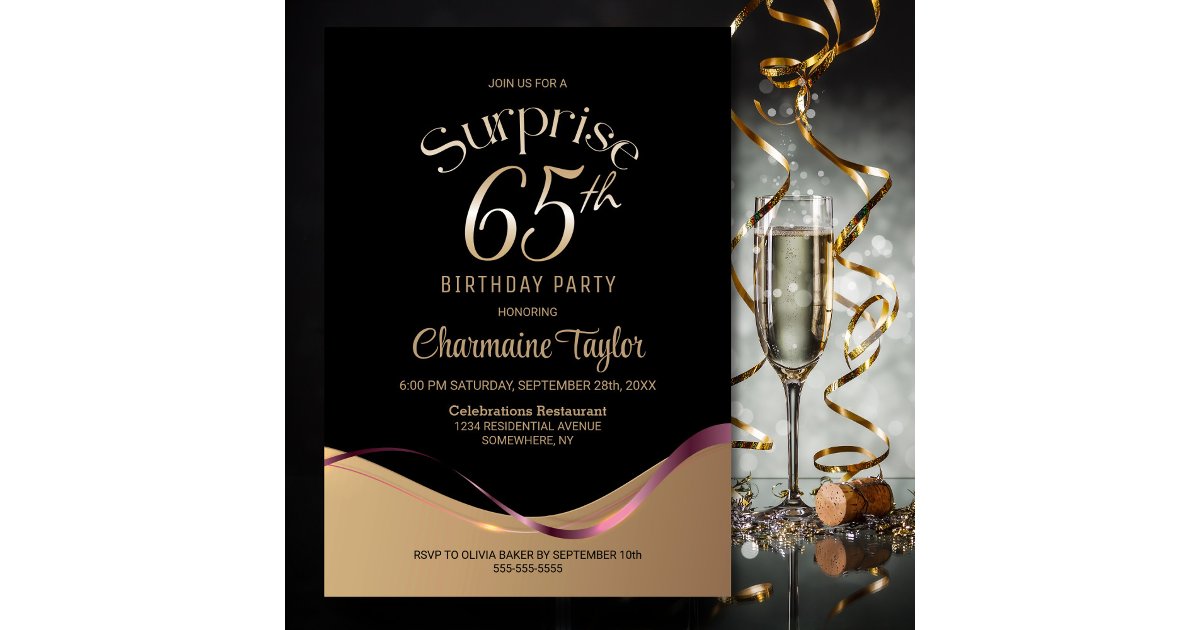 Black Gold Surprise 65th Birthday Party Invitation | Zazzle