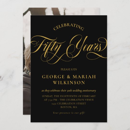 Black Gold Swirly Script 50th Wedding Anniversary Invitation | Zazzle.com