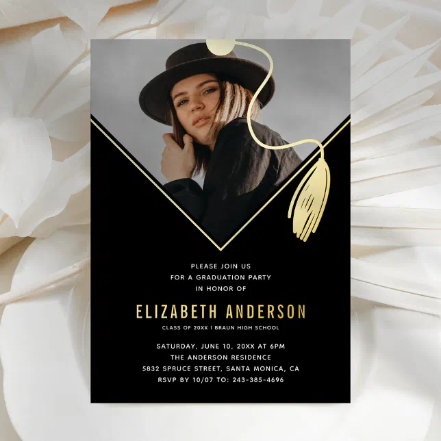 Black Gold Tassel Cap Photo Graduation Party Foil Invitation | Zazzle