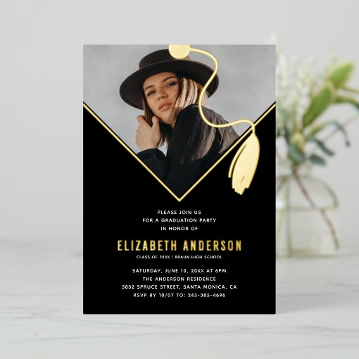 Black Gold Tassel Cap Photo Graduation Party Foil Invitation | Zazzle