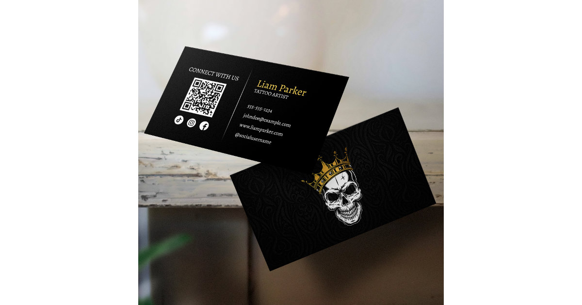 Black, Gold Tattoo Artist Skull QR Code Instagram Business Card | Zazzle